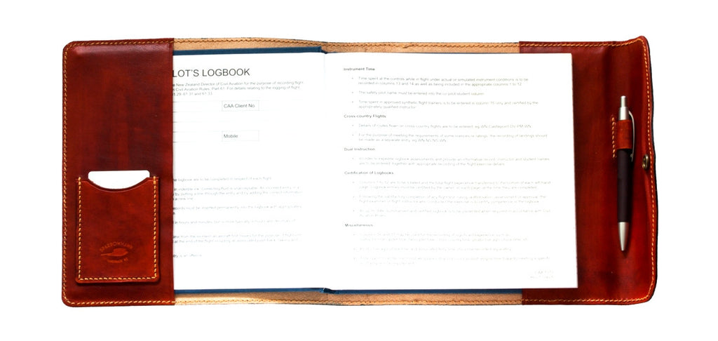 Pilot Logbook Cover - wrap closure, 2 colour outside / inside, carved ...